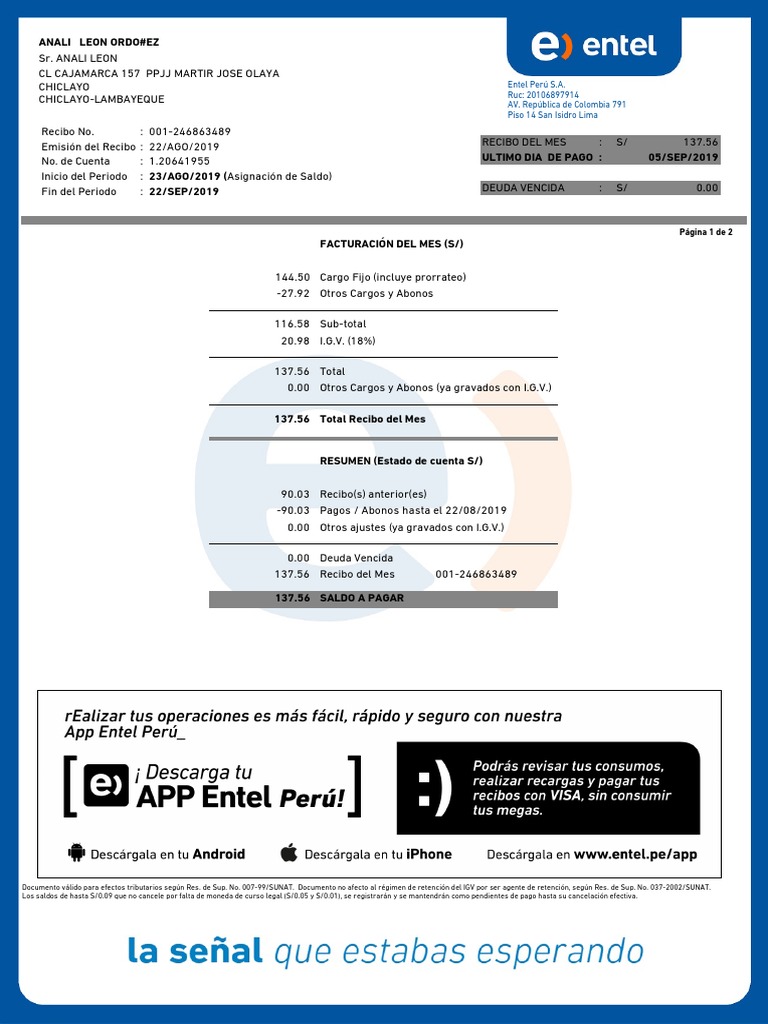 Recibo de Facturación Entel Perú | PDF | Teléfonos móviles | Telefonía ...