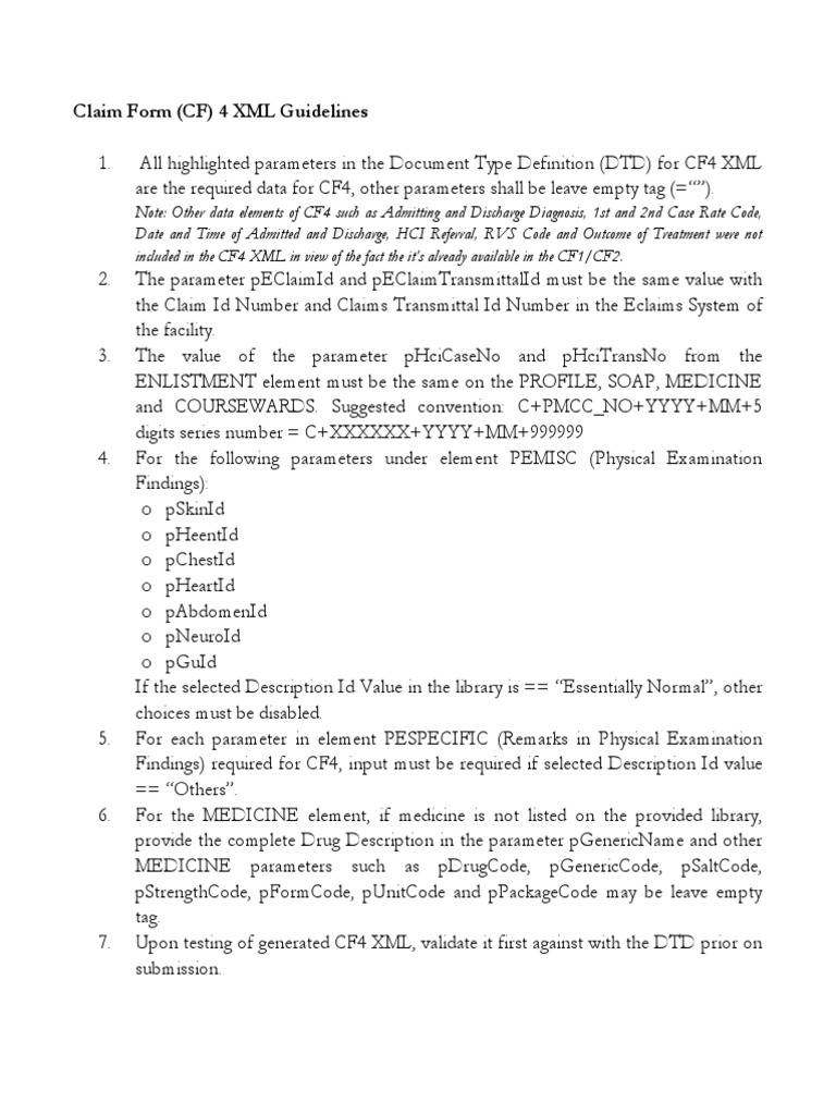 CF4 XML Guidelines for Claims Submission | PDF