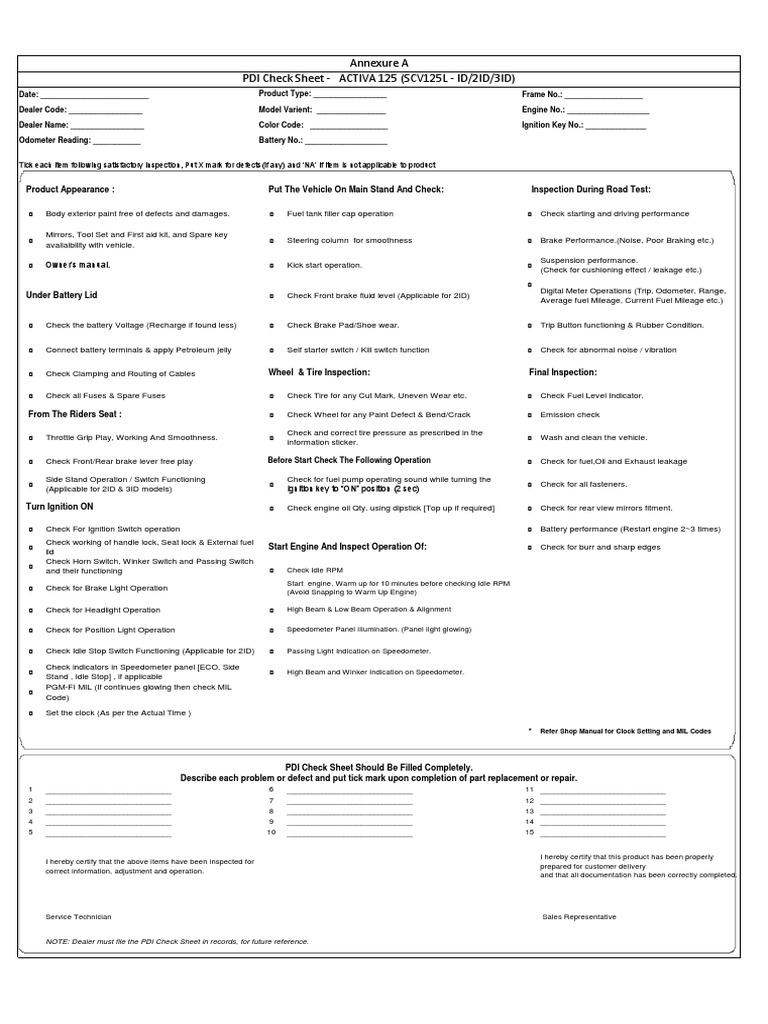 Annexure A - PDI Check Sheet | PDF | Headlamp | Brake