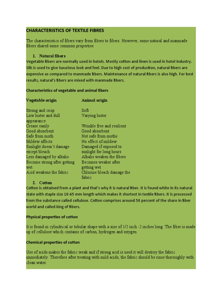 Characteristics of Textile Fibres | PDF | Fibers | Rayon