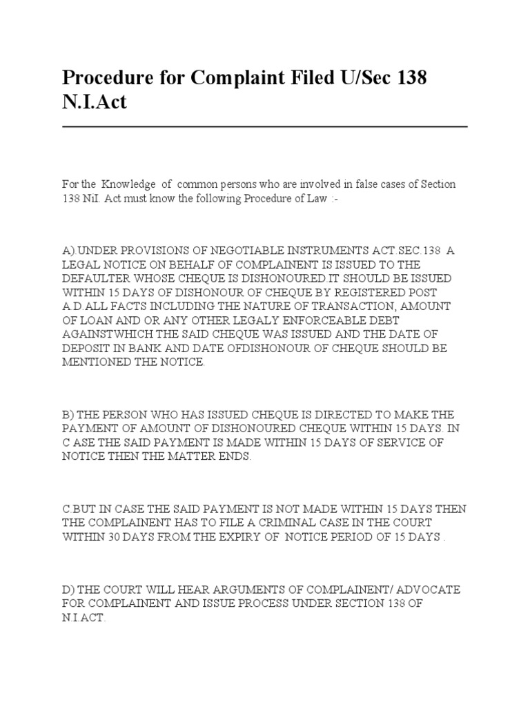 Procedure For Complaint Sec 138 | PDF | Bail | Summons