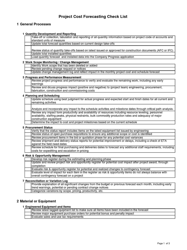Project Cost Forecasting Check List PDF | PDF | Procurement | Economies