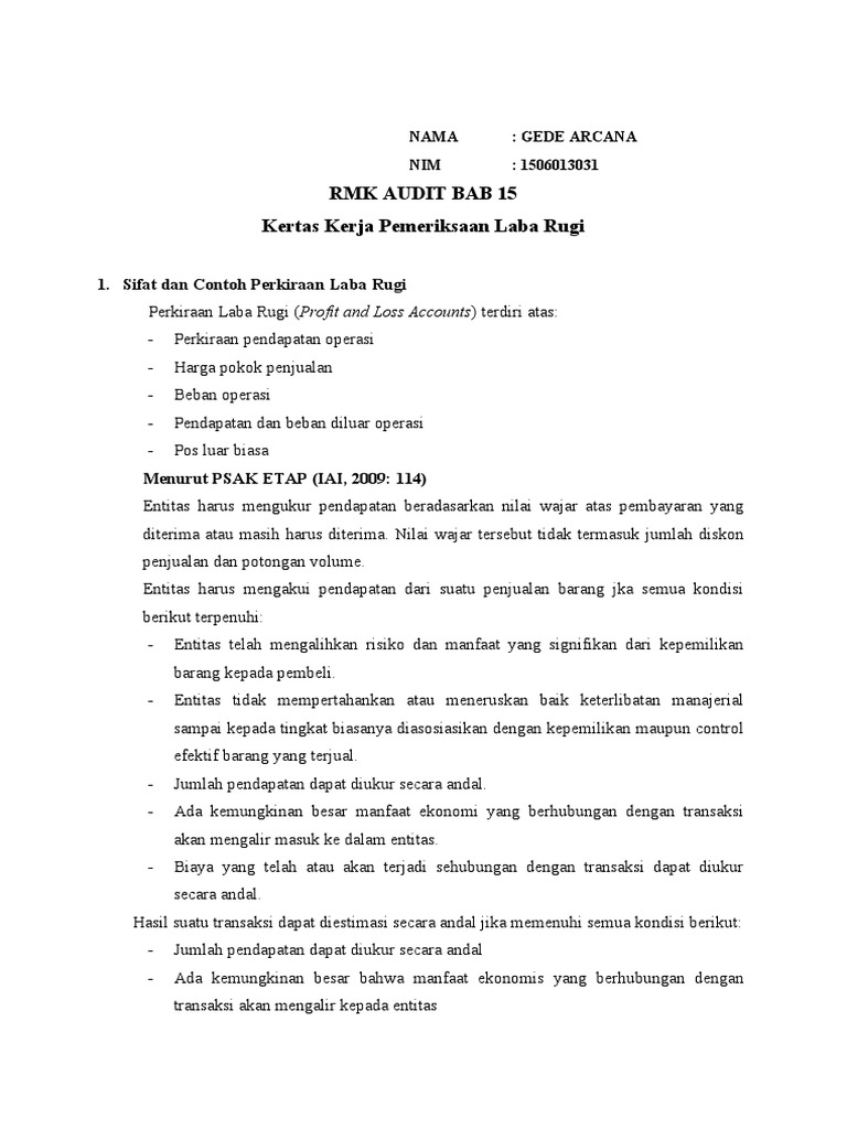 RMK AUDIT 15 Kertas Kerja Pemeriksaan Laba Rugi | PDF