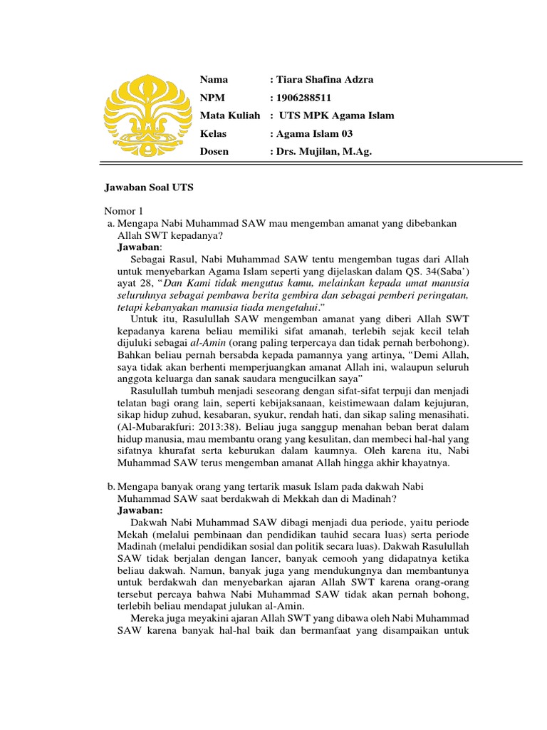 UTS MPK Agama Islam Kelas 03 FMIPA UI PDF | PDF