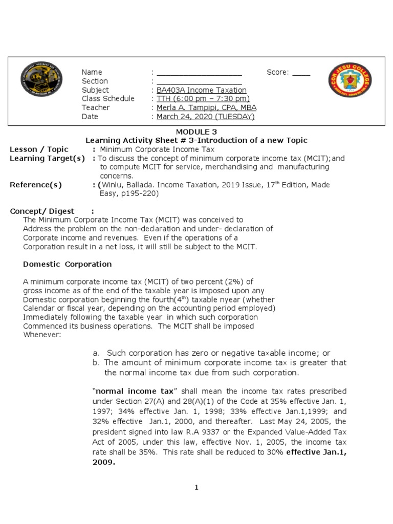 MODULE TAX 1 MCIT March 242020 | PDF | Gross Income | Income Tax