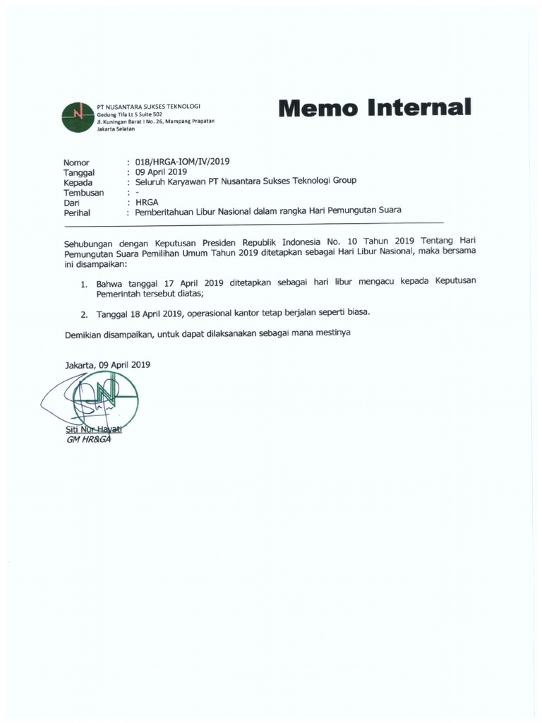 Internal Memo - Libur Pemilu | PDF