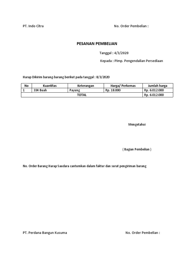 Surat Pesanan Pembelian Toserba Indah Persada | PDF