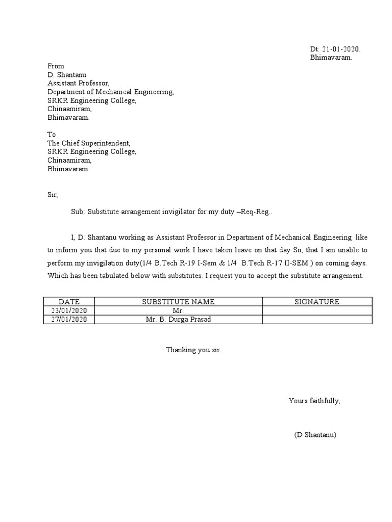 Invigilation Substitute Letter | PDF | Science And Technology | Engineering