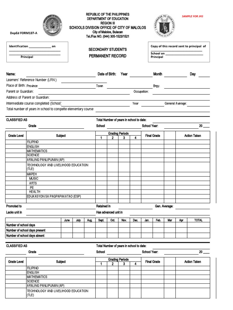 DEPED FORM 137 Jhs | PDF | Educational Stages | Cognition