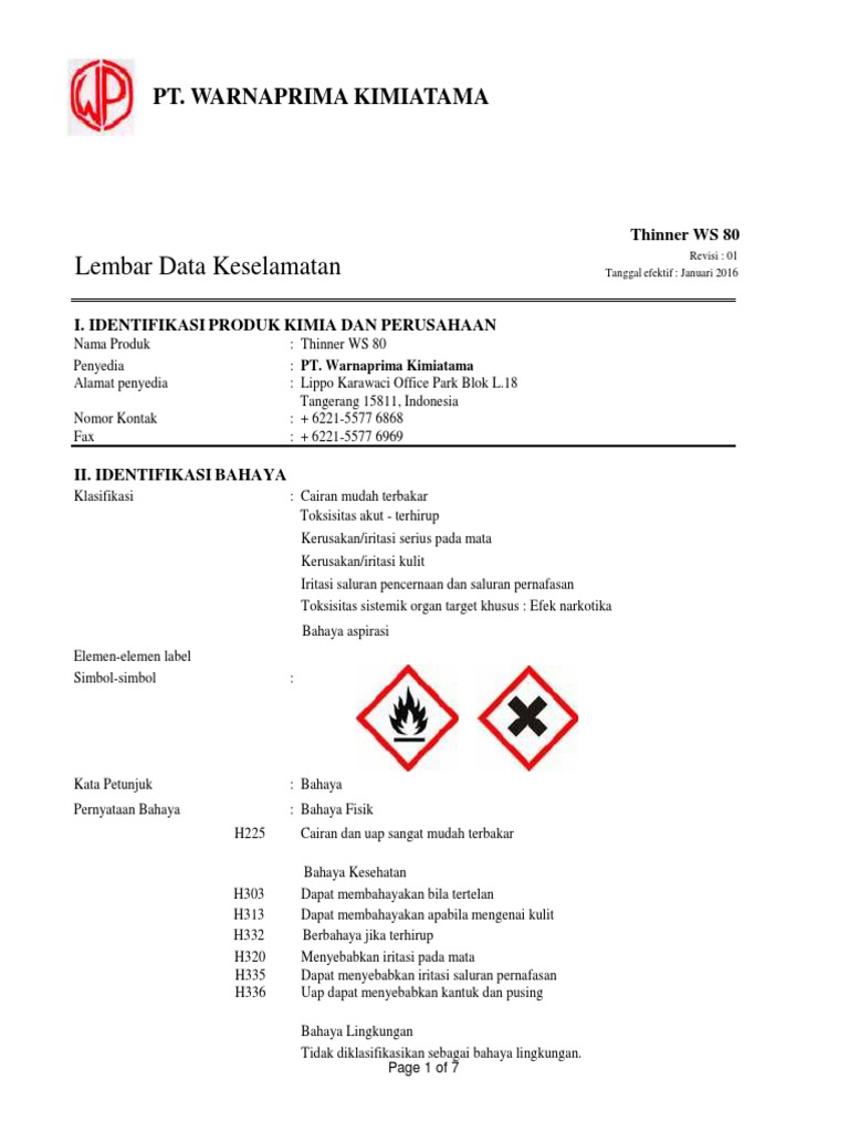 MSDS Thinner WS 80 PDF | PDF