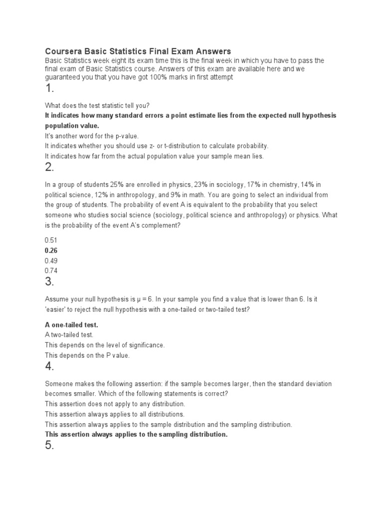 Coursera Basic Statistics Final Exam Answers | PDF | Statistical ...