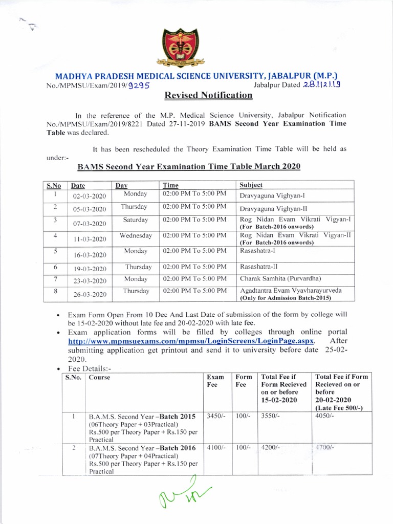 BAMS 2nd Year Revised Time Table | PDF | Vocational Education | Qualifications