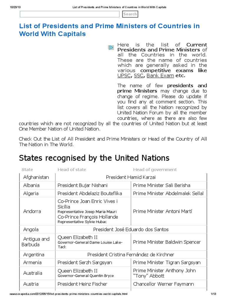 List of Presidents and Prime Ministers of Countries in World With ...