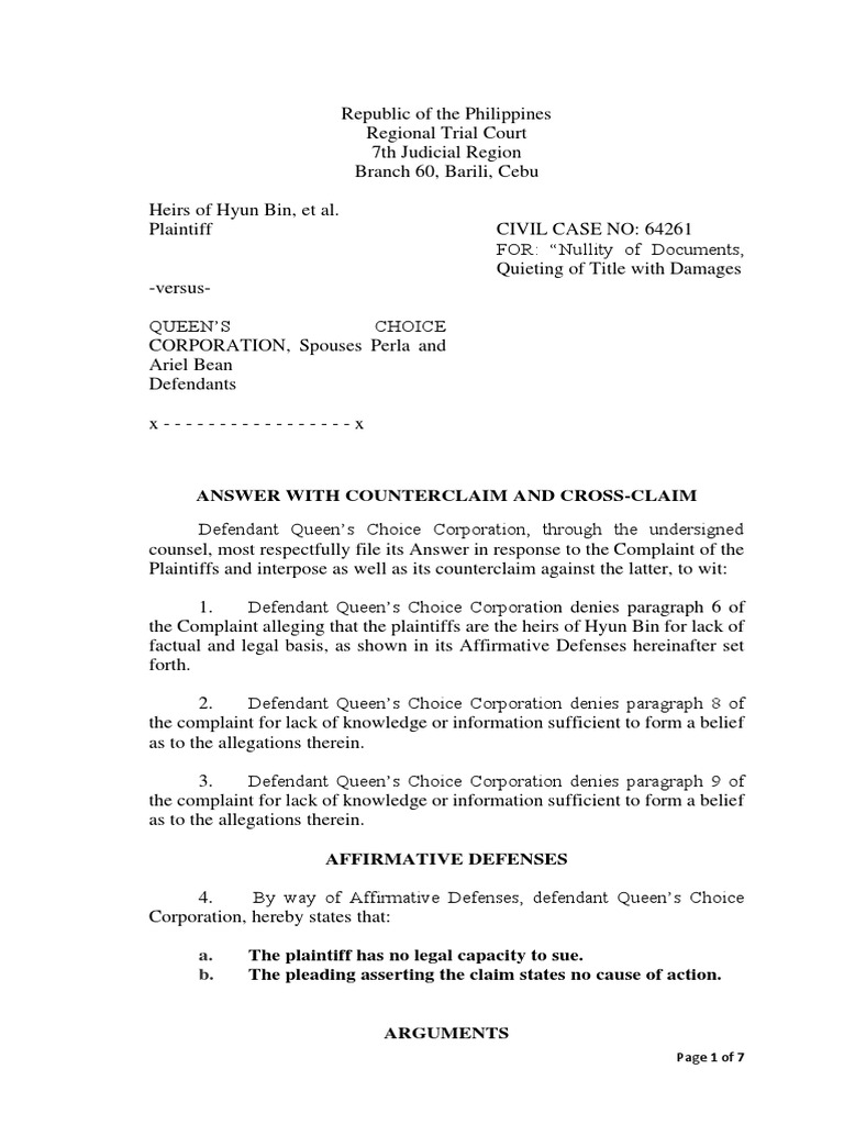 Civpro - Answer With Counterclaim and Cross-Claim | PDF | Cause Of ...
