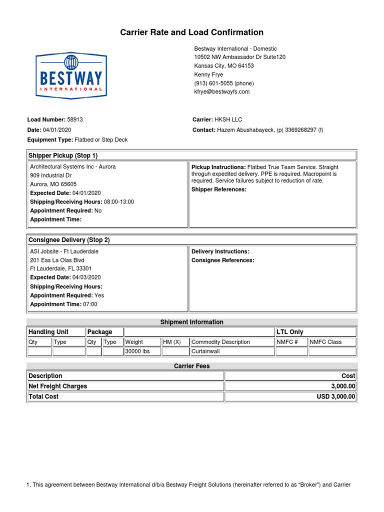 HKSH LLC Truckload - Carrier Rate and Load Confirmation | PDF | Cargo ...