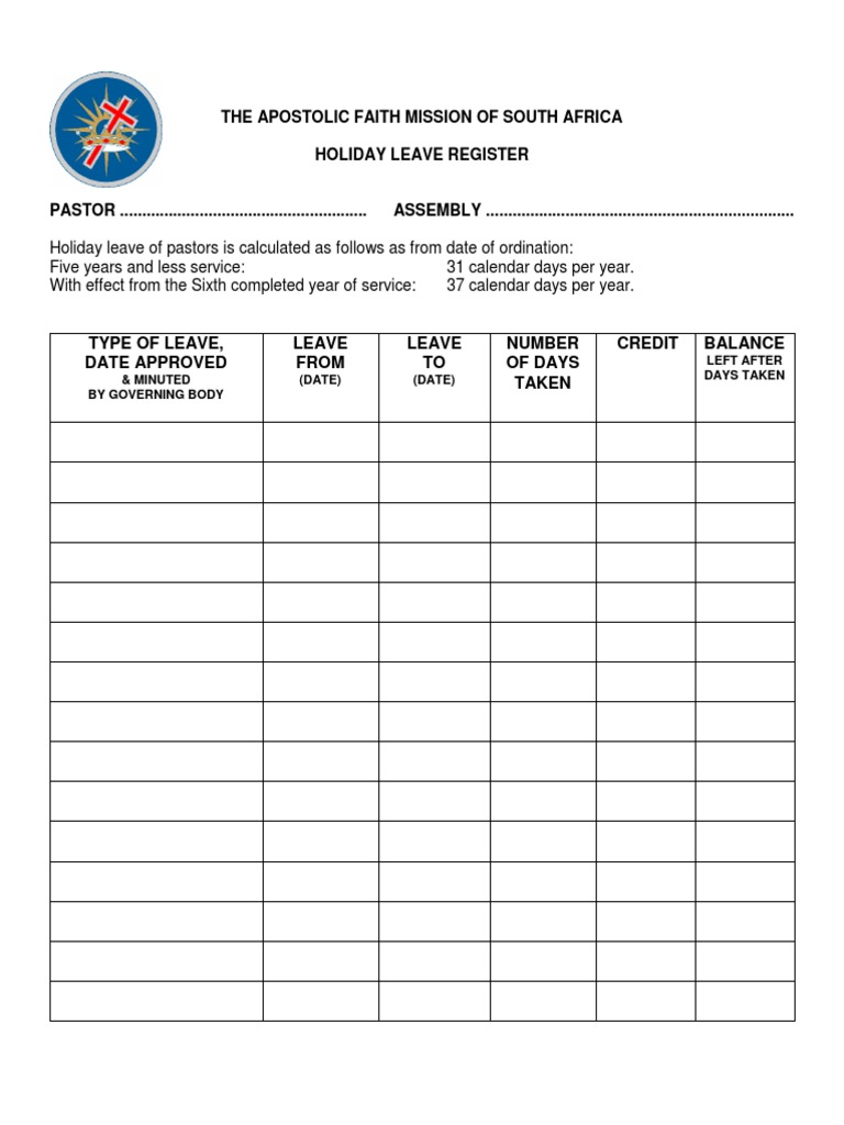 Holiday Leave Register for Pastors | PDF