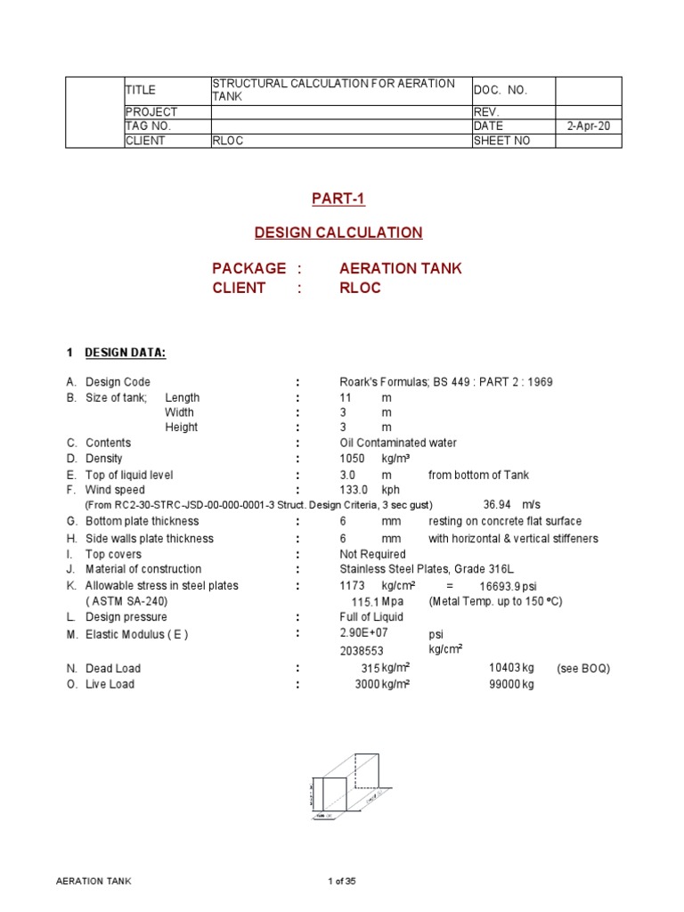 Aeration & Settlement Tank Calculation | PDF | Bending | Young's Modulus