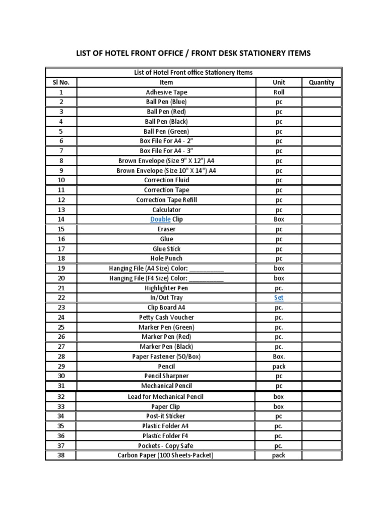 List Of Hotel Front Office | Download Free Pdf | Pen | Pencil