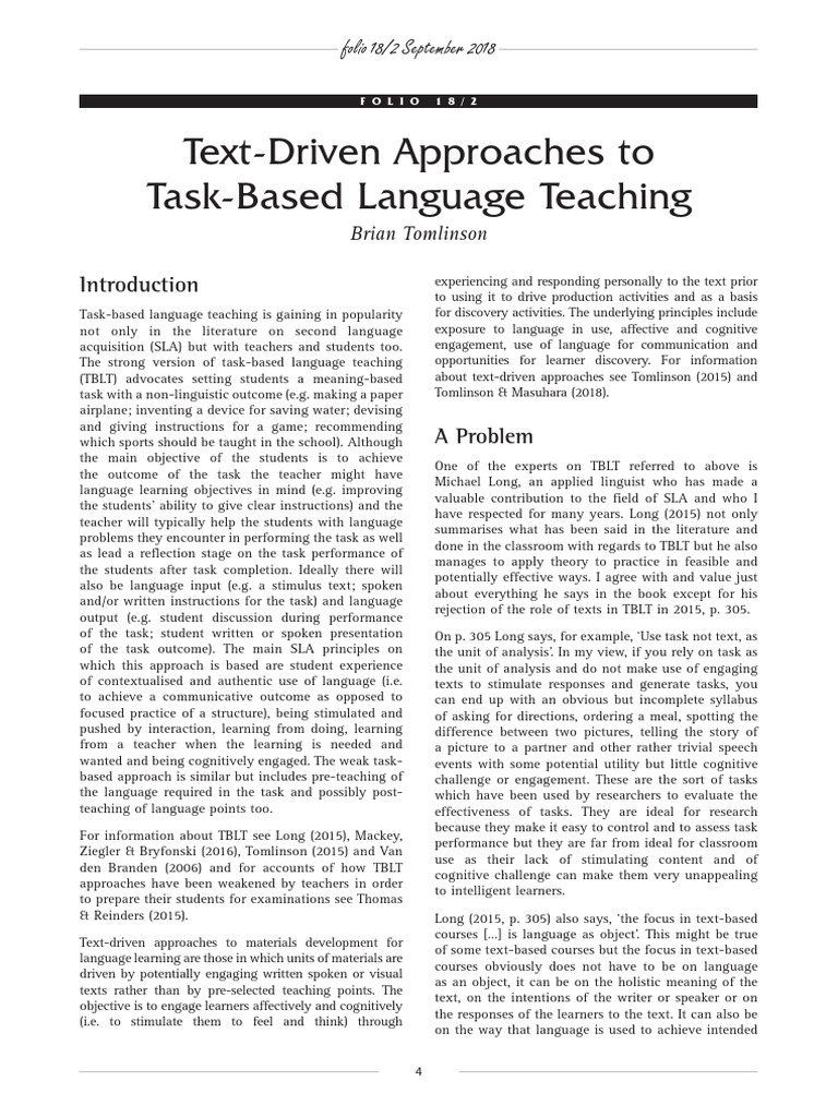 Text Driven Approaches To Task-Based Language Learning | PDF | Second Language Acquisition ...