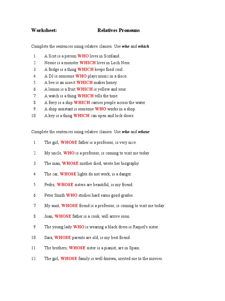Worksheet On Relative Pronouns 1 ANSWERS | PDF