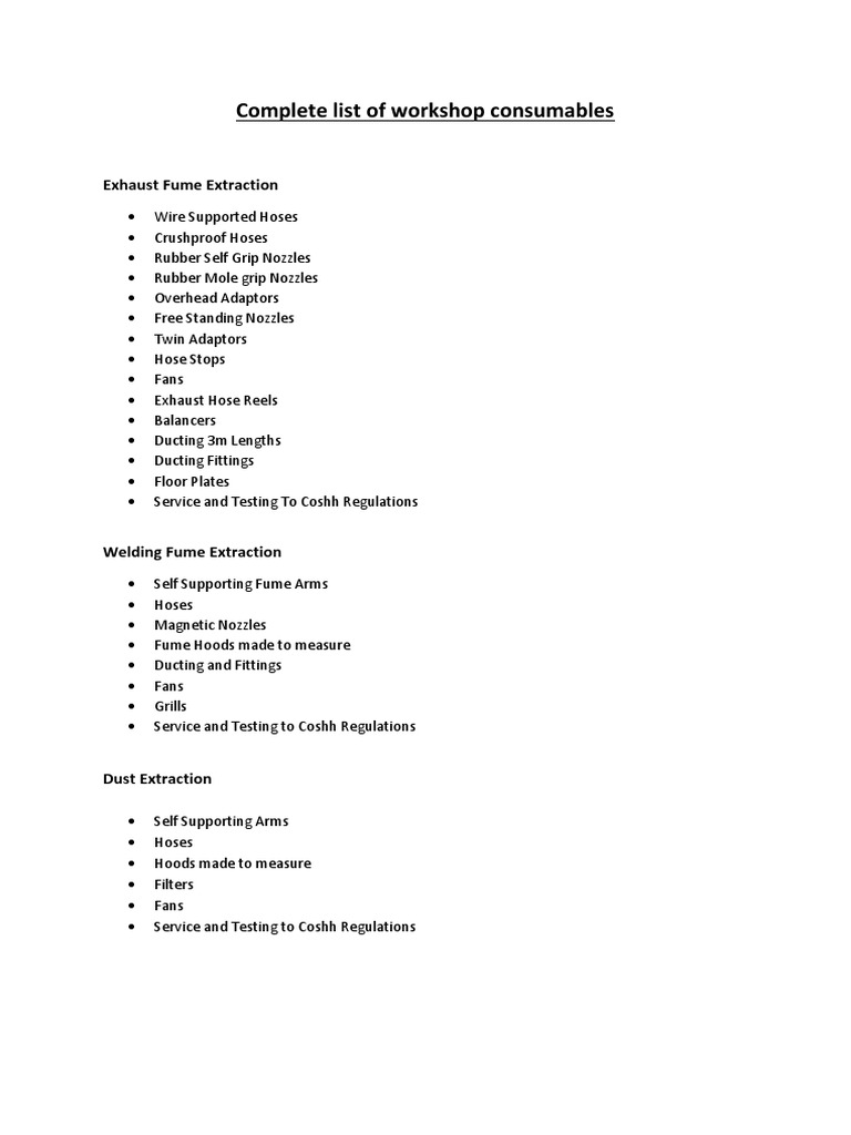 Comprehensive Workshop Consumables List | PDF | Vacuum Cleaner ...