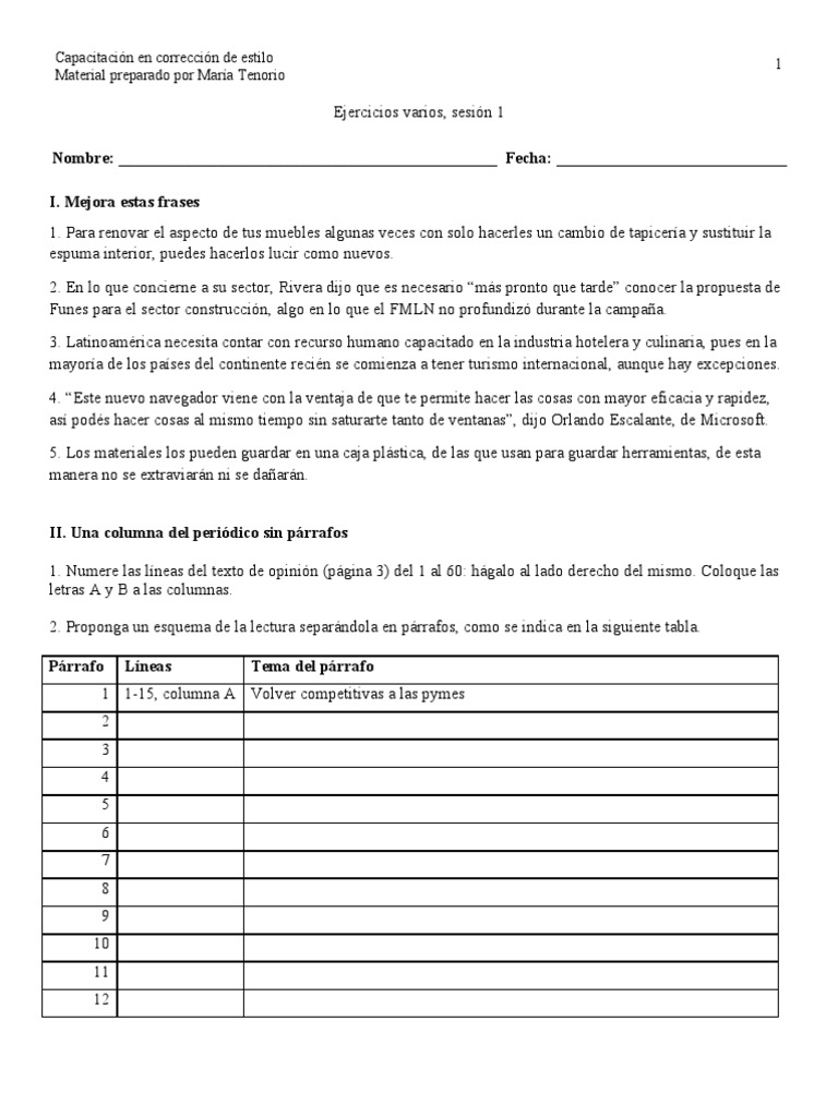 Hoja De Trabajo Para Practicar La Corrección De Textos