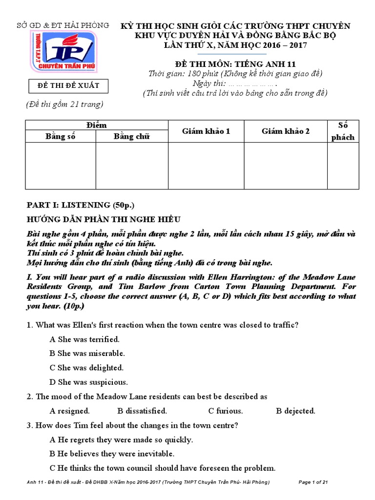 HAI PHONG Đề thi DHBB Lần X Năm 2016 2017 Anh 11 ĐỀ ĐỀ XUẤT.Tổng hợp.02 | PDF | Postage Stamp ...
