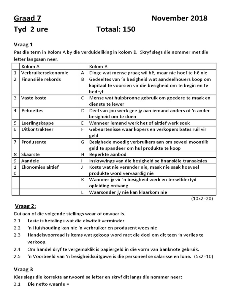 EBW NOV Gr. 7 Vraestel | PDF