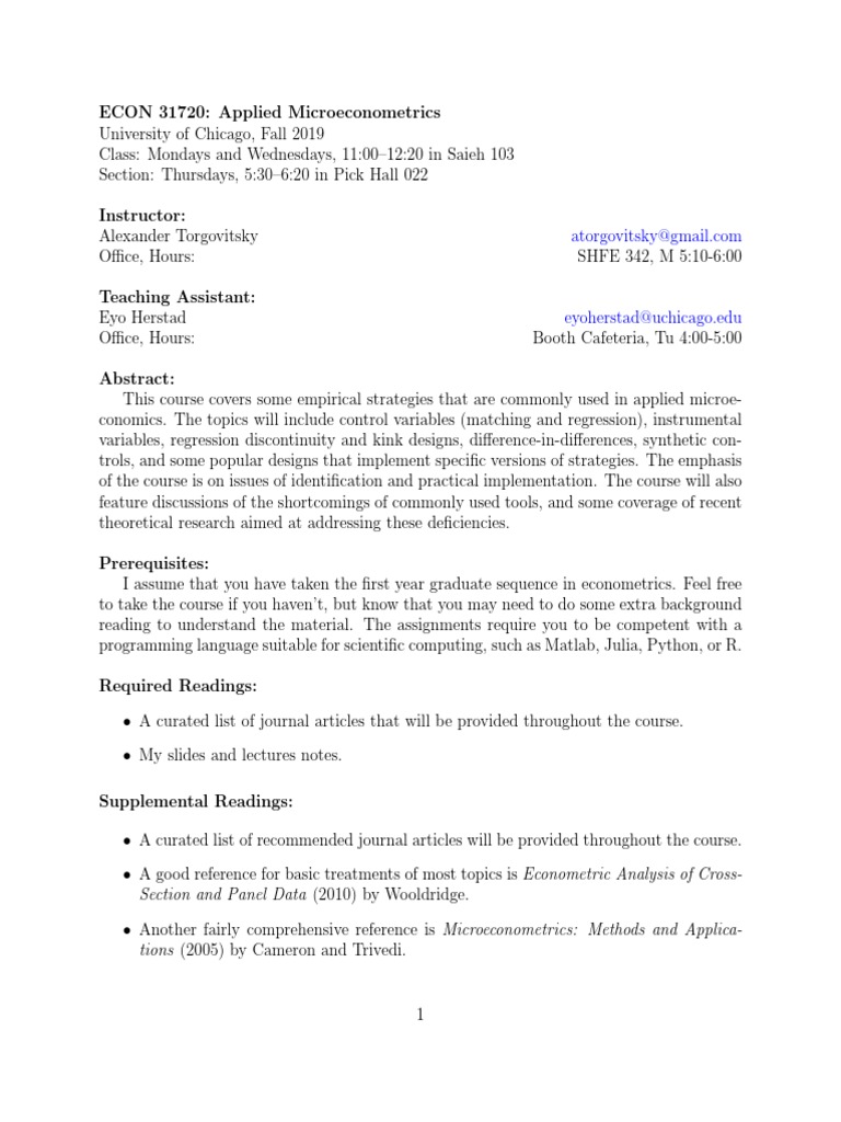 ECON 31720 Applied Microeconometrics | PDF | Econometrics | Computer Programming