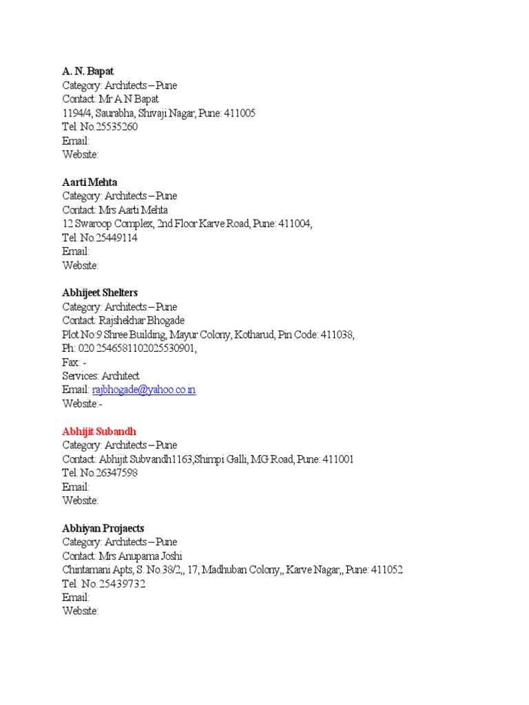 Architect List in Pune | PDF | Engineering | Design