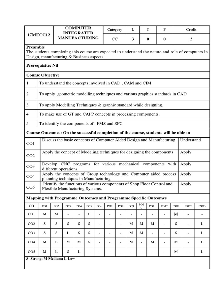 17mecc12 - Computer Integrated Manufacturing - Syllabus | PDF | Numerical Control | Computer ...