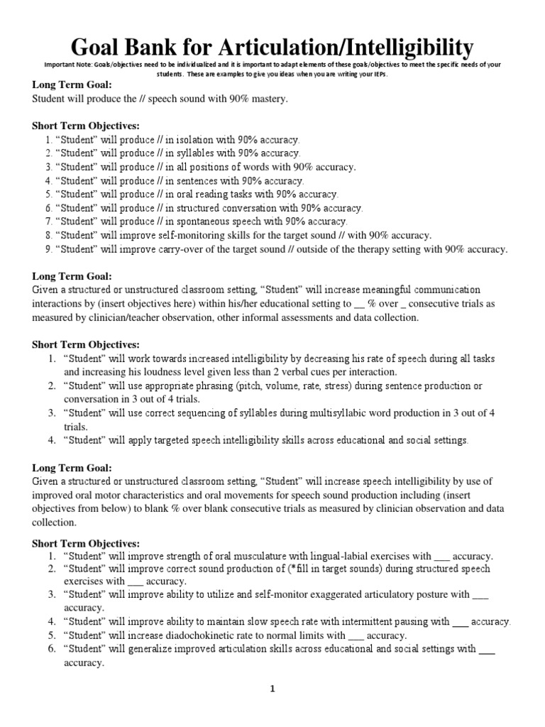 Goal Bank For Articulation | PDF | Speech | Accuracy And Precision