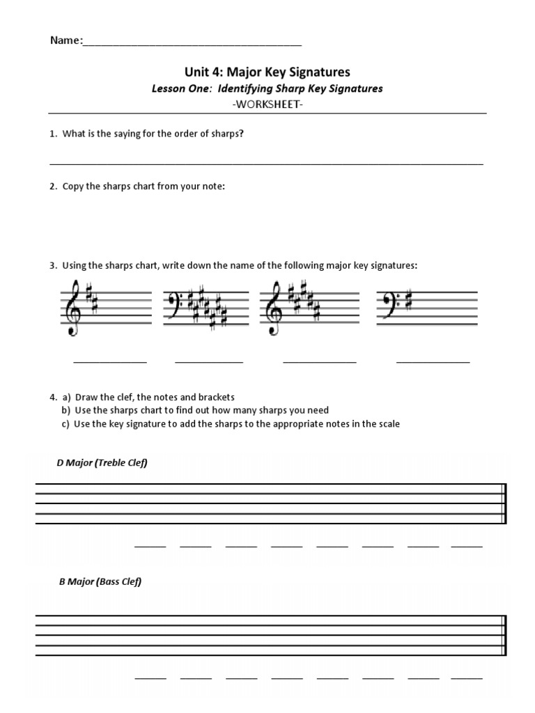 Unit 4-Lesson 1-Identifying Sharp Key Signatures Worksheet | PDF