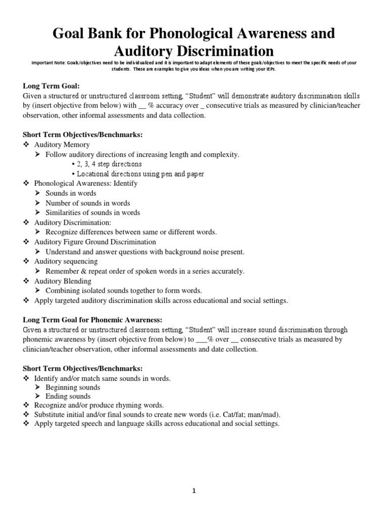 Goal Bank For Phonological Awareness and Auditory Discrimination | PDF