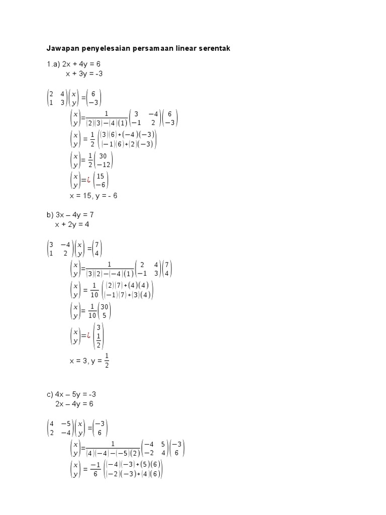 Jawapan Penyelesaian Persamaan Linear Serentak | PDF