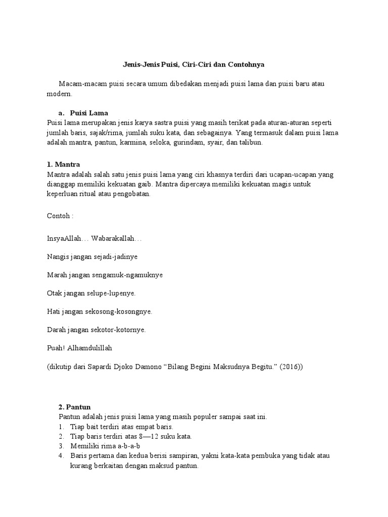 Jenis-Jenis Puisi, Ciri-Ciri Dan Contohnya | PDF | Puisi