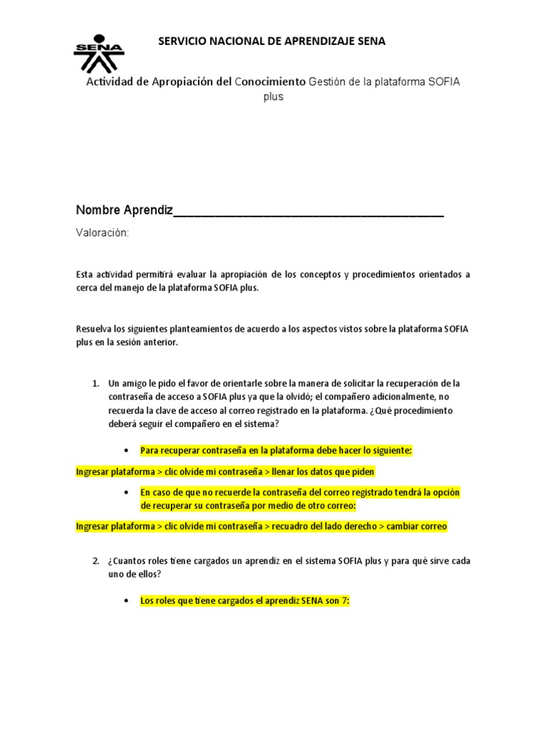 Actividad Gestión de SOFIA Plus | PDF | Contraseña | Evaluación