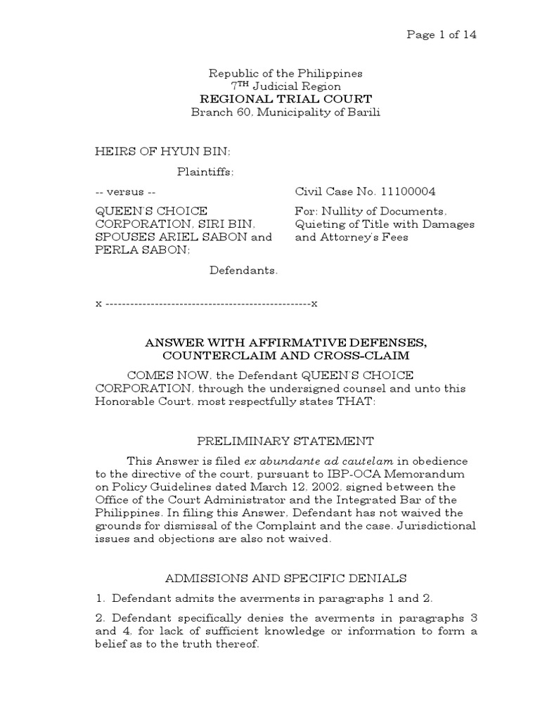 SO Answer With Counterclaim and Cross Claim | PDF | Laches (Equity) | Lawsuit