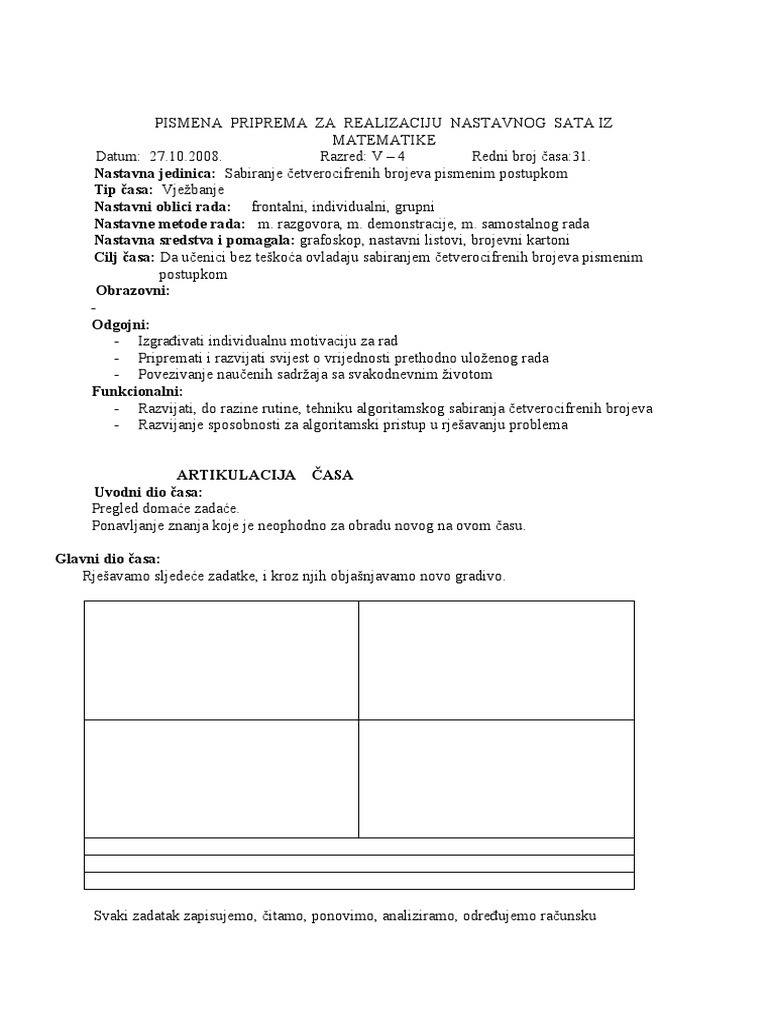 Pismena Priprema Za Realizaciju Nastavnog Sata Iz | PDF