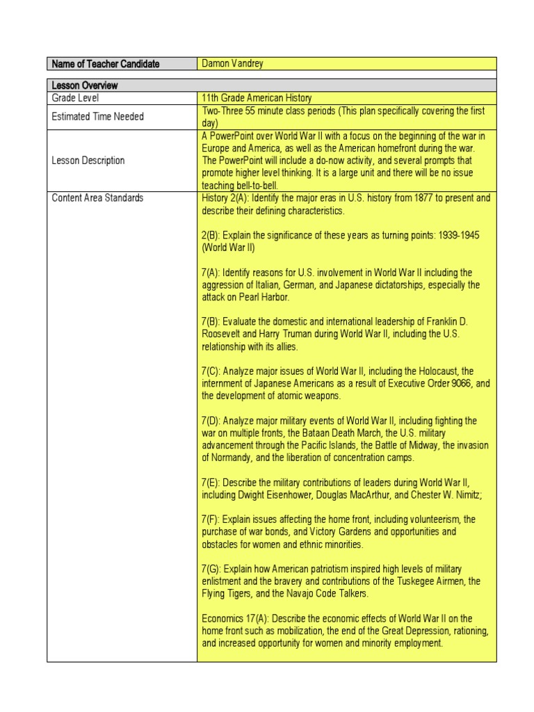 Wwii Lesson Plan Damon Vandrey | PDF | World War II | Differentiated ...