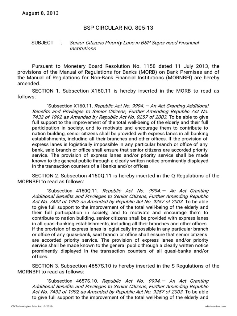 BSP Circular No. 805-13: Senior Citizens Priority Lane in BSP ...