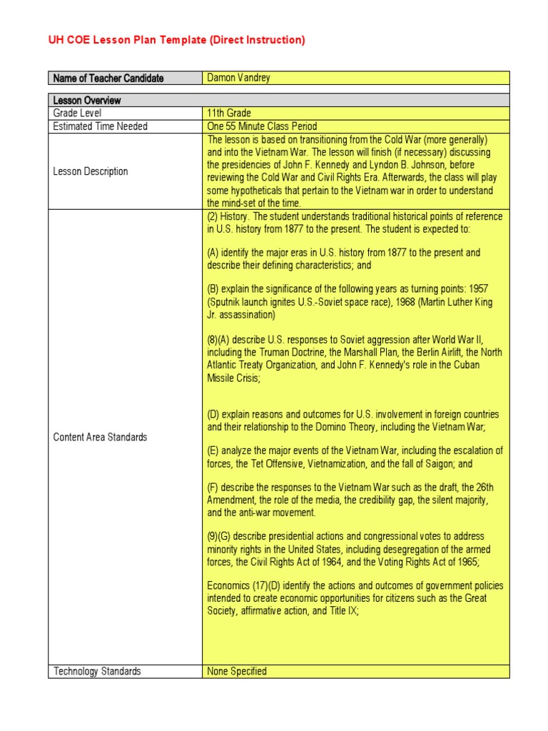 UH COE Lesson Plan Template (Direct Instruction) | PDF | Vietnam War ...