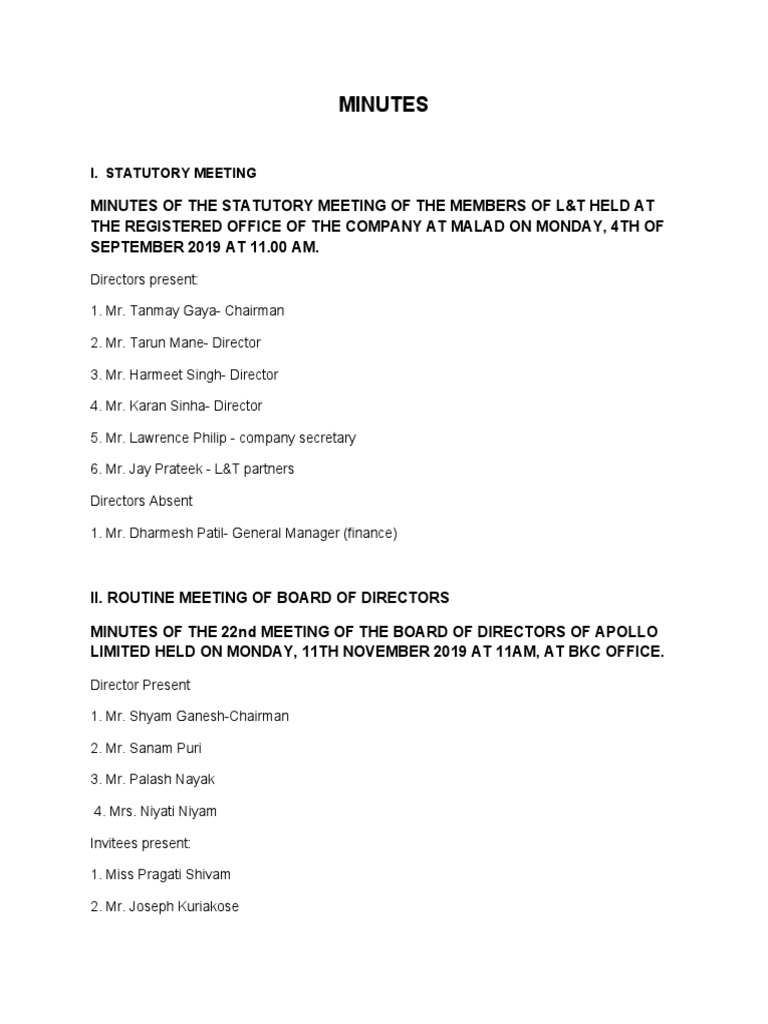 Minutes: I. Statutory Meeting | Download Free PDF | Meetings ...