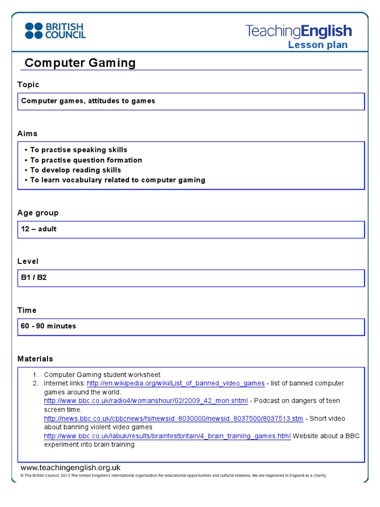 Computer Gaming Lesson Plan - 0 | PDF | Question | Video Games