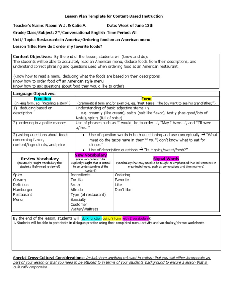 CBI Lesson Plan Template Filled | PDF | Menu | Educational Assessment