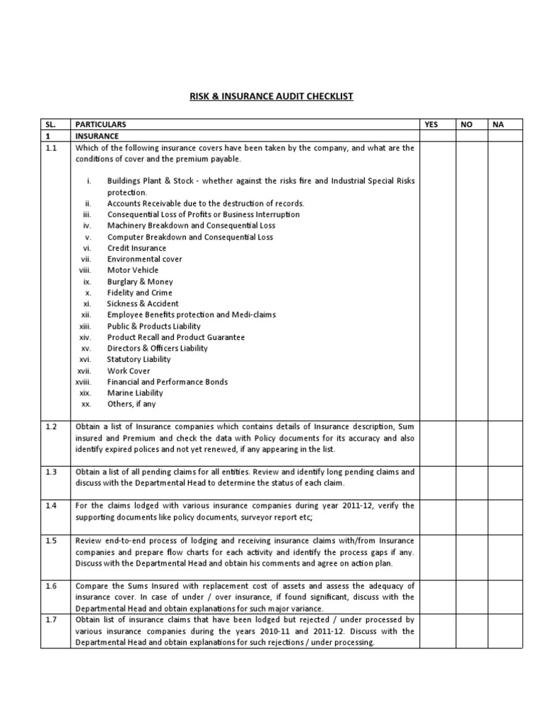 Risk & Insurance Audit Checklist: SL. Particulars YES NO NA 1 Insurance ...