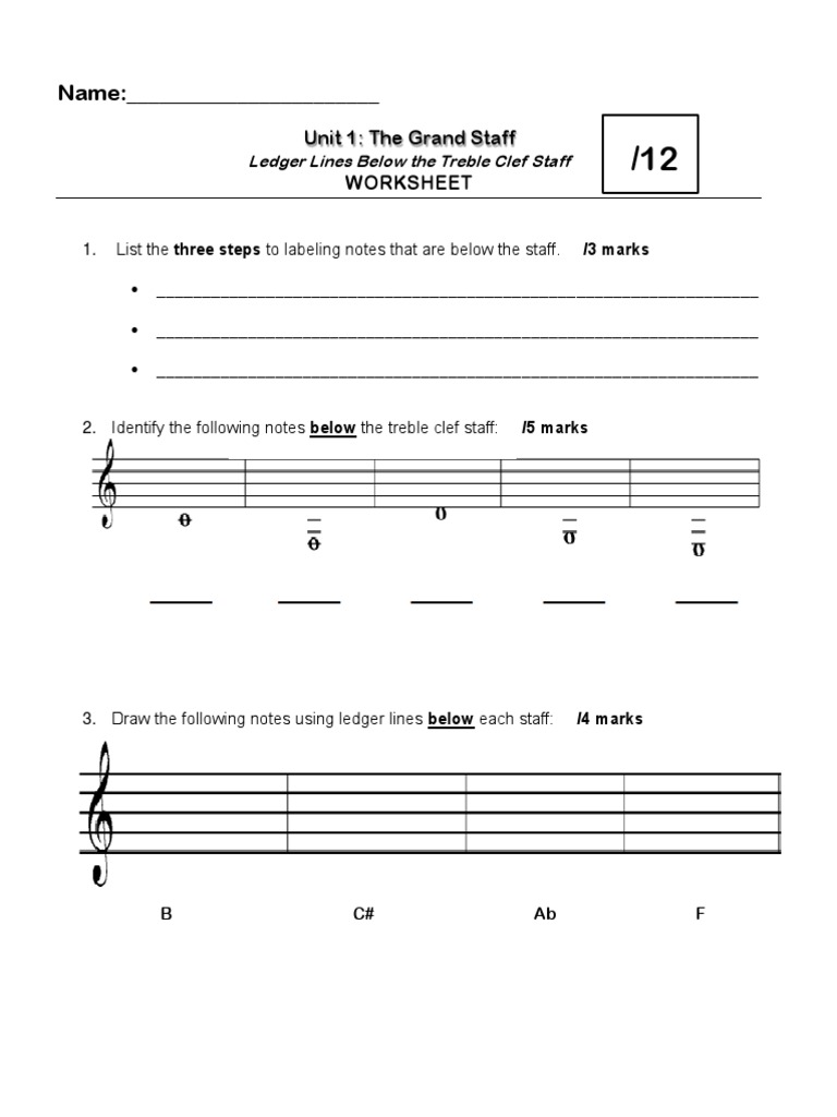Notes Below Treble Clef Worksheet