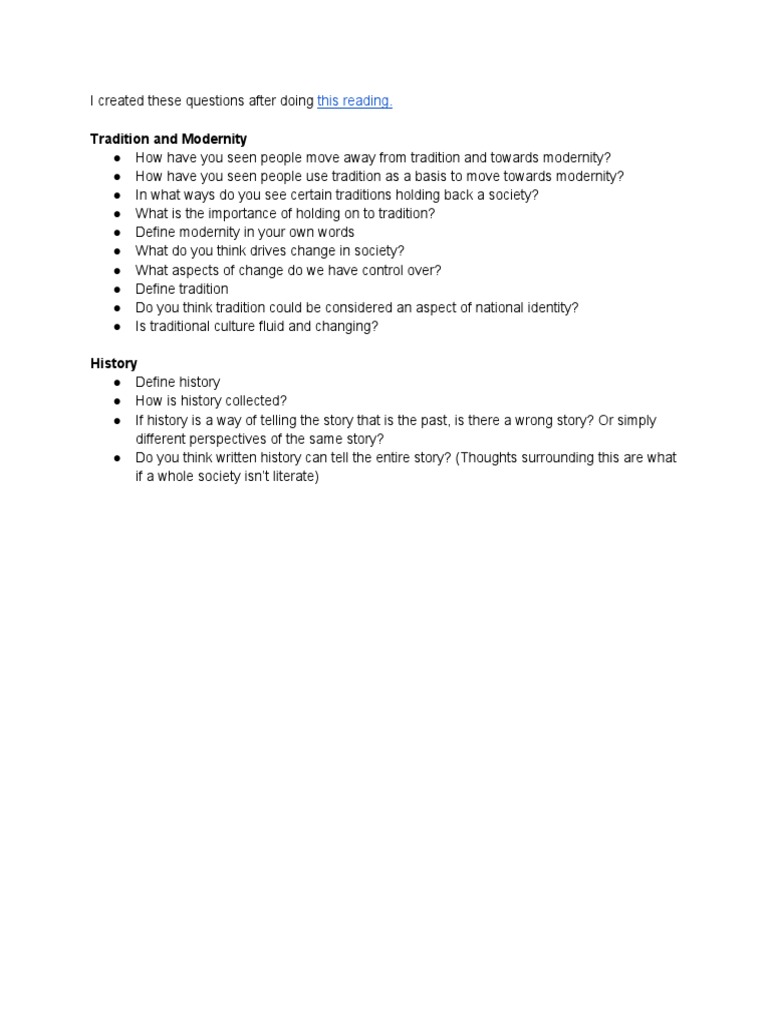 Tradition and Modernity Questions From Reading | PDF