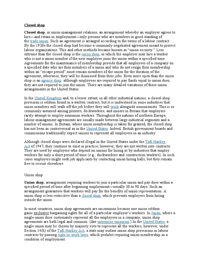 Trade Union: Closed Shop Closed Shop, in Union-Management Relations, An ...