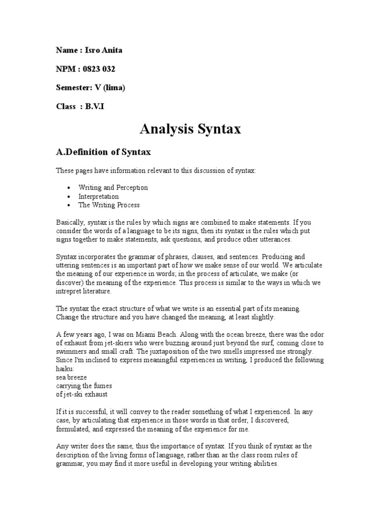 Analysis Syntax: A.Definition of Syntax | PDF | Parsing | Theoretical ... Analysis Syntax: A.Definition of Syntax | PDF | Parsing | Theoretical ...